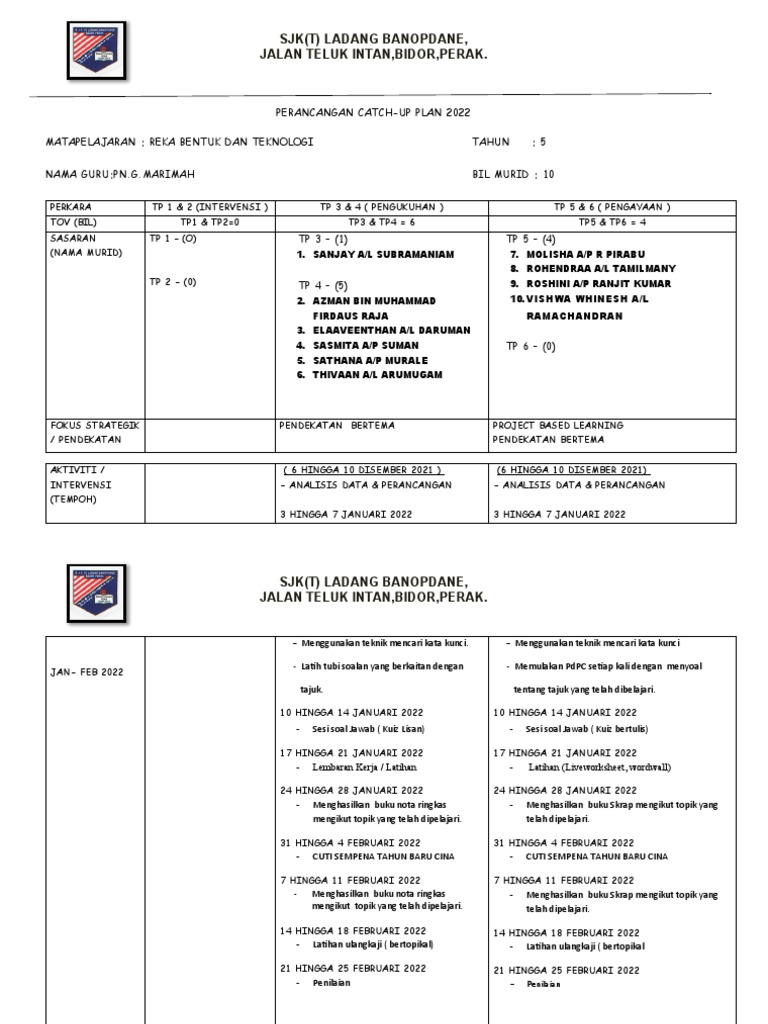 RBT Tahun 5: Catch-Up Plan 2022 | PDF