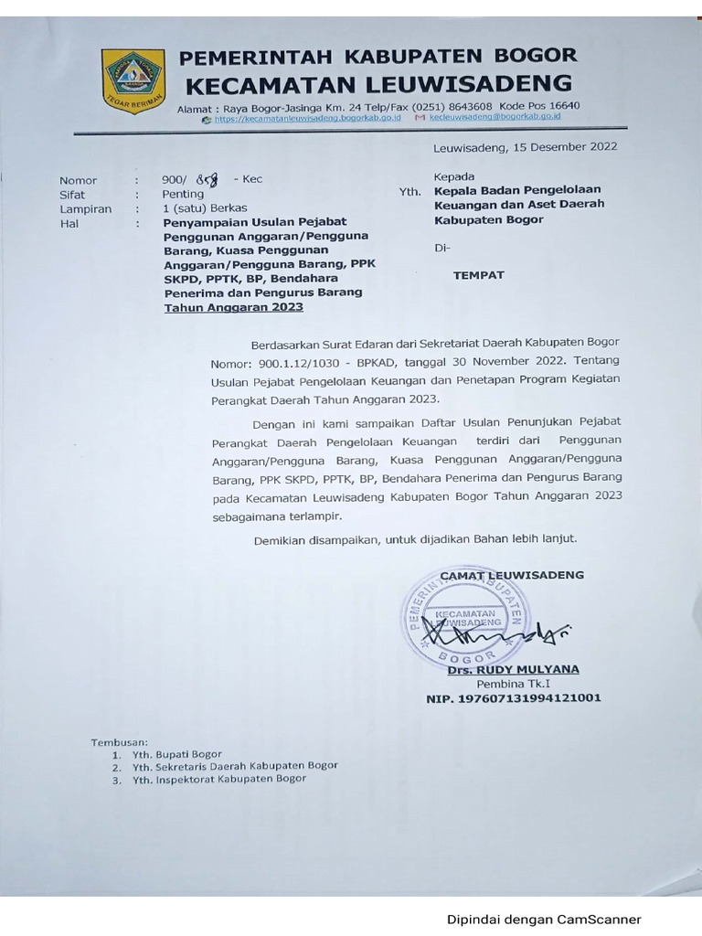 Surat Usulan PA, KPA, PPK, PPTK, BP, Pengurus Barang Leuwisadeng | PDF