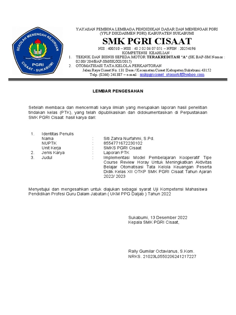 Lembar Pengesahan Laporan PTK SMK PGRI | PDF