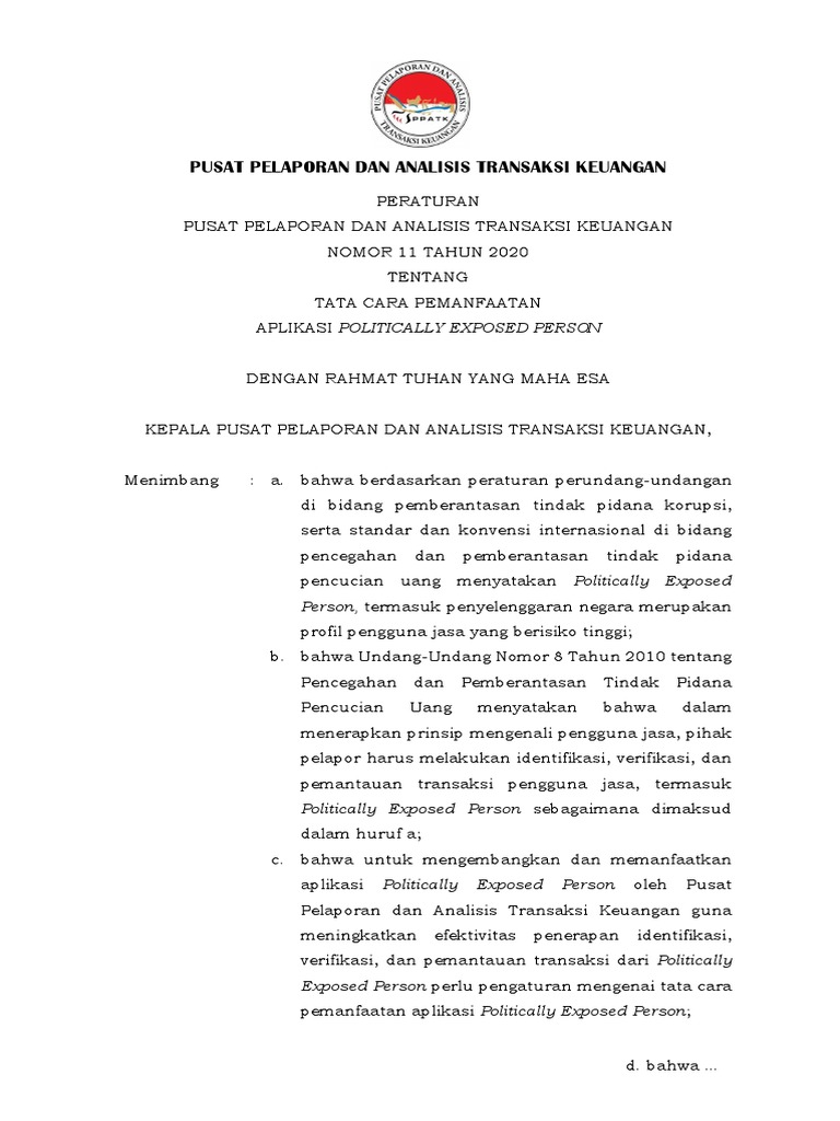 Peraturan PPATK Nomor 11 Tahun 2020 | PDF