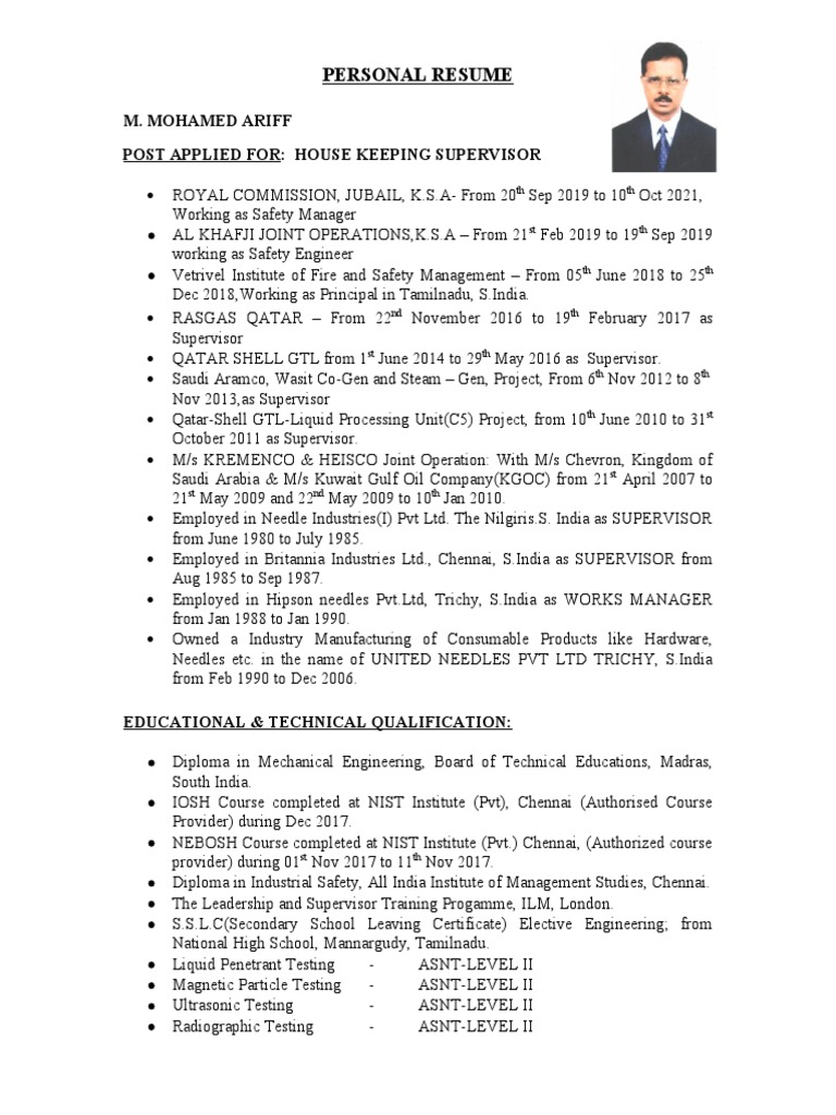 CV - House Keeping Supervisor | PDF | Employment | Personal Protective ...