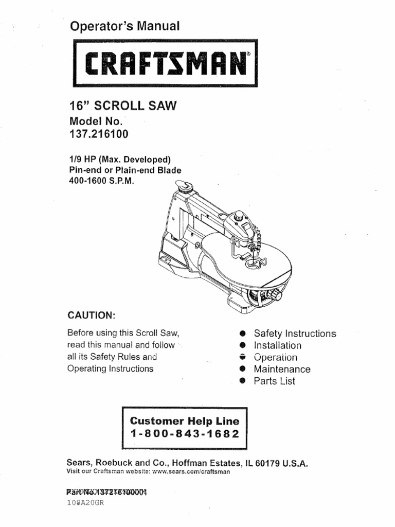Craftsman 137216100 Scroll Saw Manual | PDF | Ac Power Plugs And ...