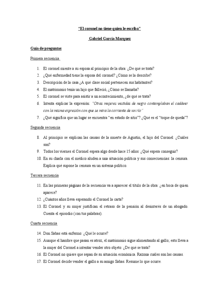 El Coronel No Tiene Quien Le Escriba CUESTIONARIO | PDF