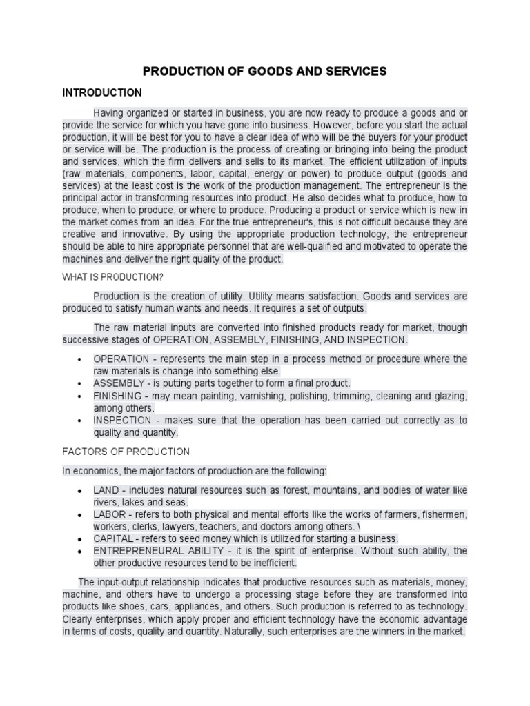 ENTREPRENEURIAL MIND REPORTING (Production of Goods and Services ...