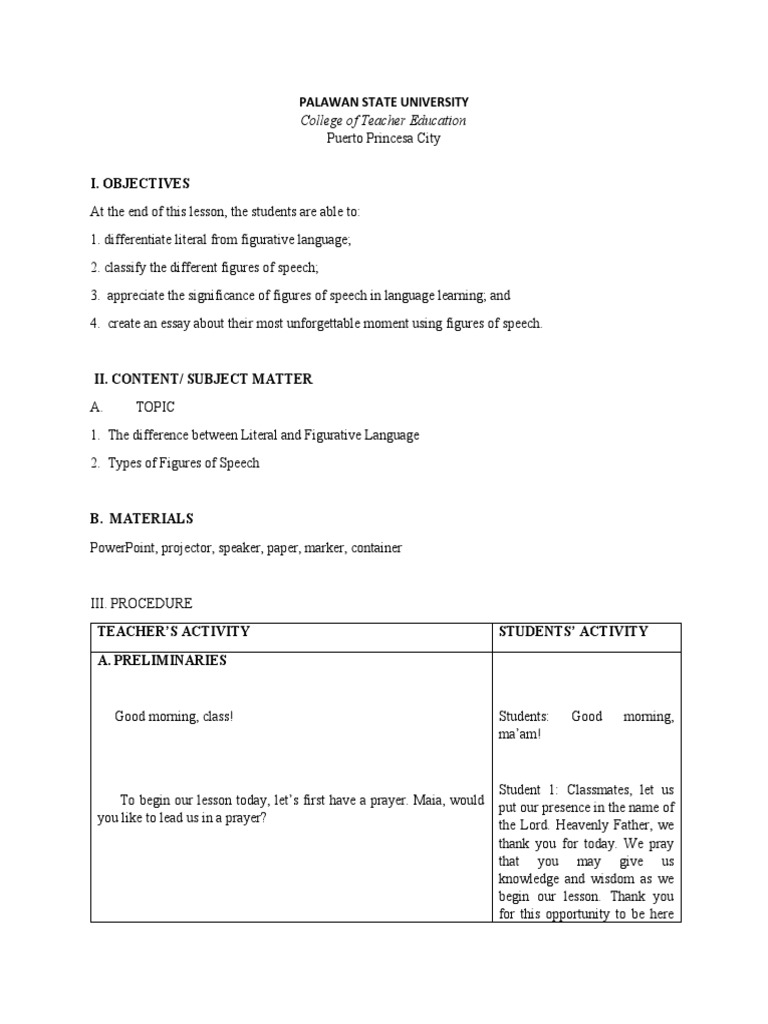 Detailed Lesson Plan - Figures of Speech - Edited | PDF | Thought ...