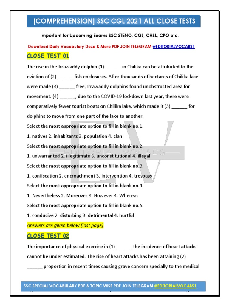 20 Close Test Comprehension (SSC CGL 2021) | PDF