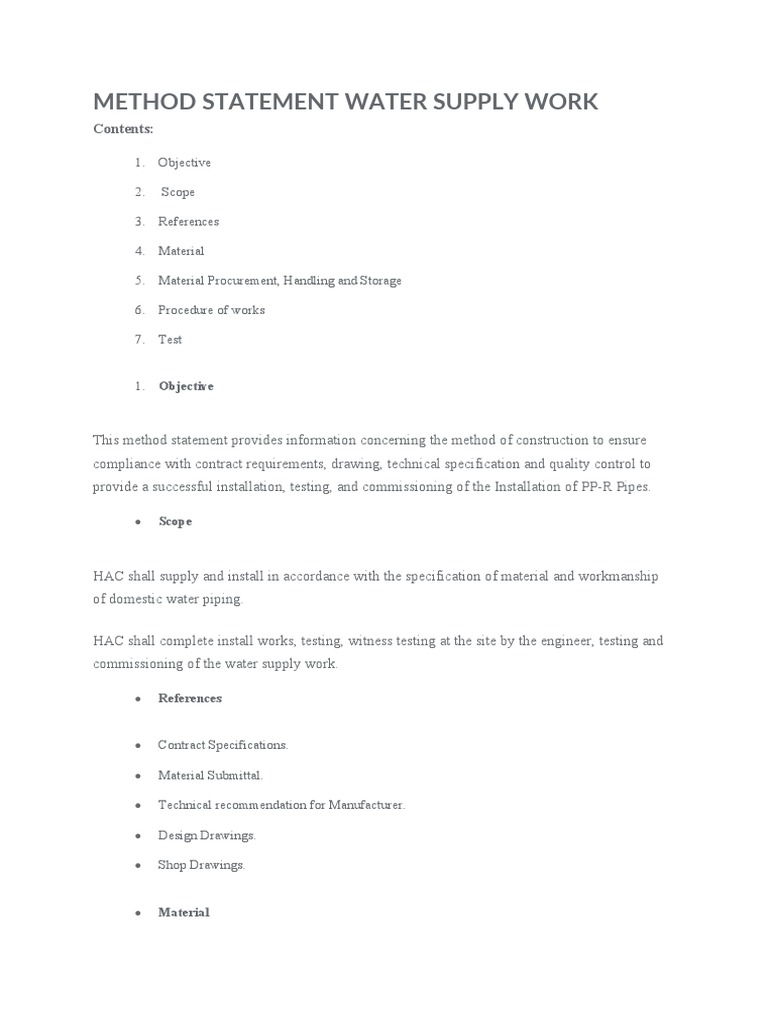 Method Statement Water Supply Work For Building | PDF | Pipe (Fluid ...