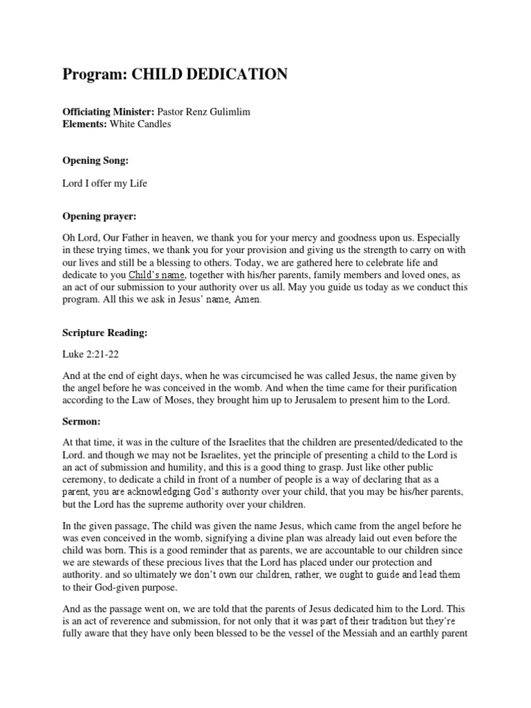 Program - CHILD DEDICATION | PDF | Jesus | God The Father