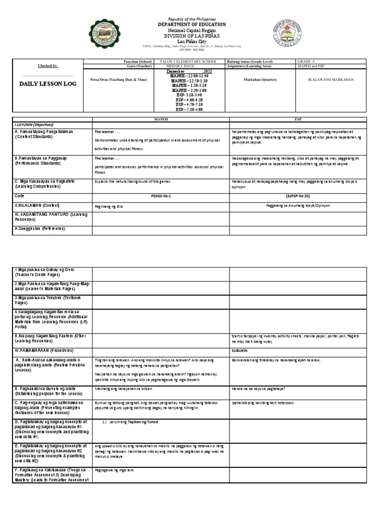 Medar DLL MAPEH ESP Dec.9 | PDF