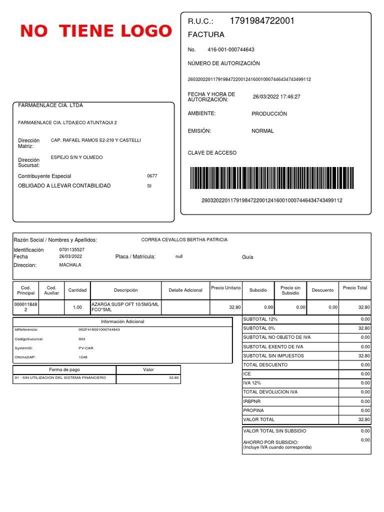 Factura Farmaenlace 26/03/2022 | PDF | Business | Gobierno