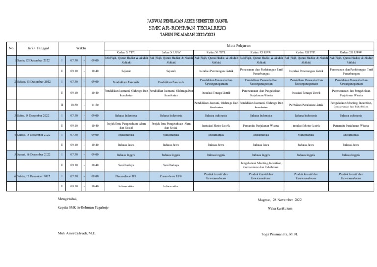 Jadwal PAS Ganjil 2022-2023 SMK Ar-Rohman Tegalrejo | PDF