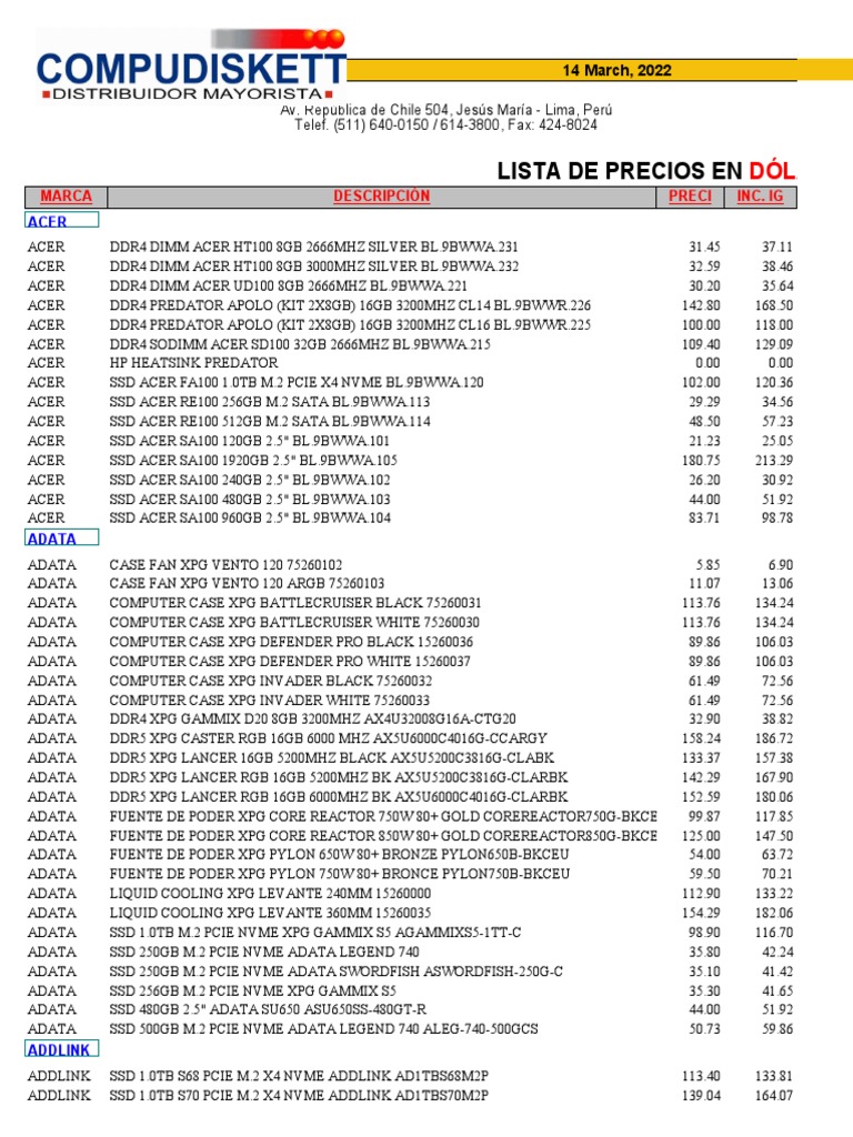 Lista de Precios 14.03.22 t.c3.72 | PDF | Computer Architecture | Telecommunications