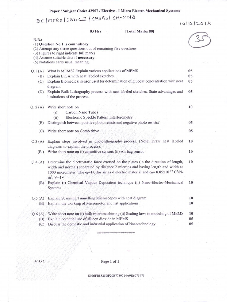 MEMS Question Paper 2018 - Elective I | PDF | Microelectromechanical ...