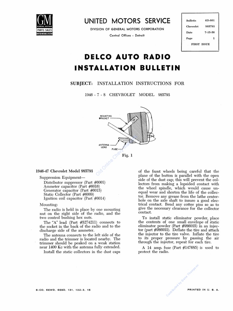 Delco Auto Radio Installation 1946-1947 Chevrolet Model 985793 | PDF ...