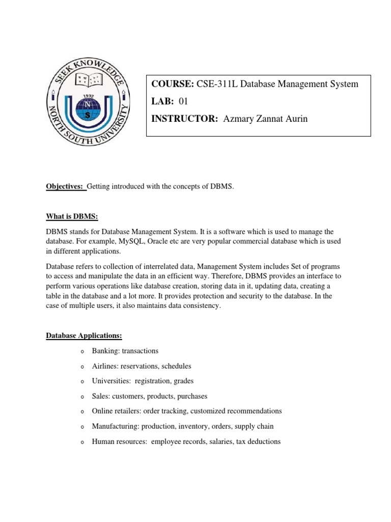 Cse 311l Lab 01 Pdf Relational Database Databases