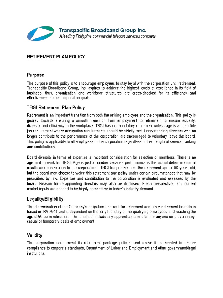Retirement Policy Tbgi | PDF | Employment | Human Resources