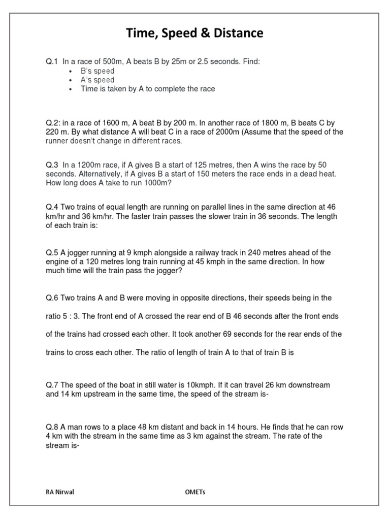 Time, Speed & Distance: RA Nirwal Omets | PDF | Speed | Train
