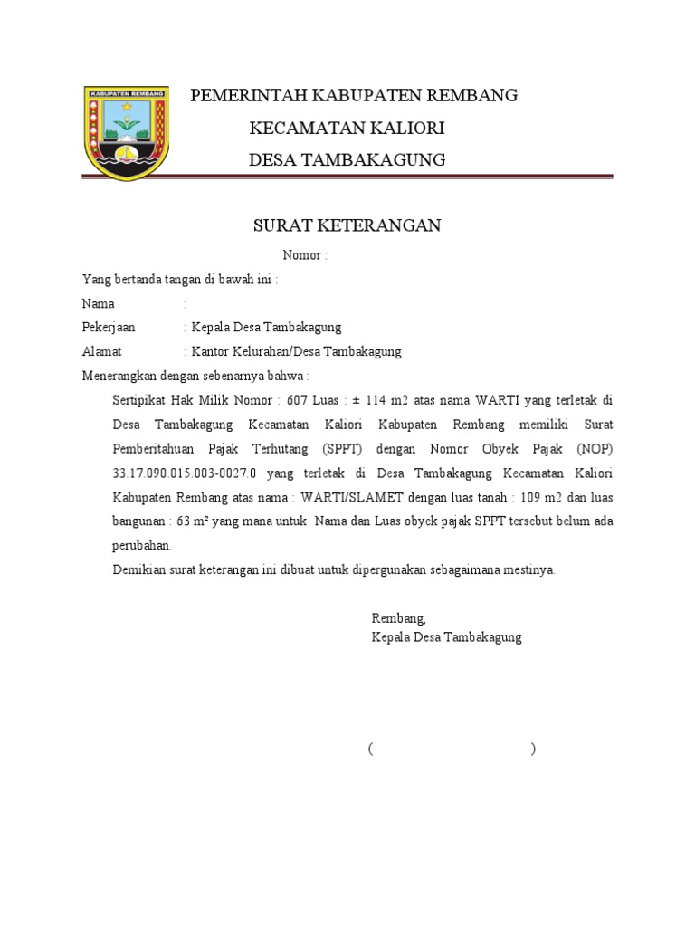 Surat Keterangan Beda Nama SPPT | PDF