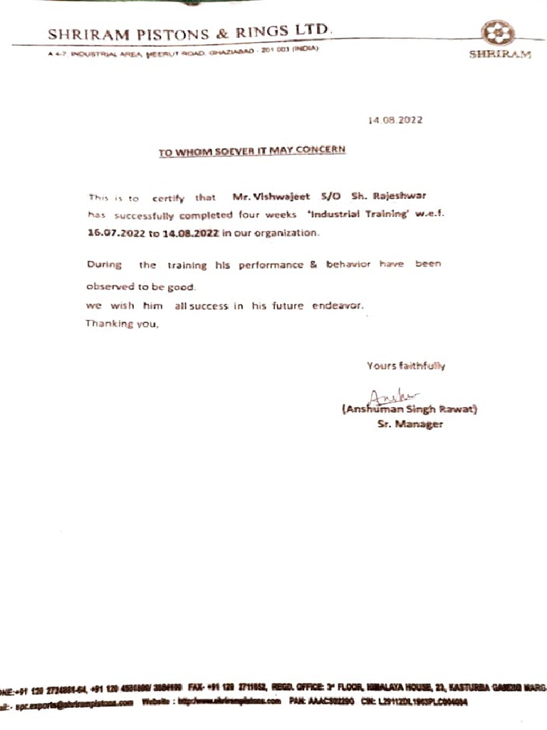 Industrial Training Certificate for Vishwajeet | PDF