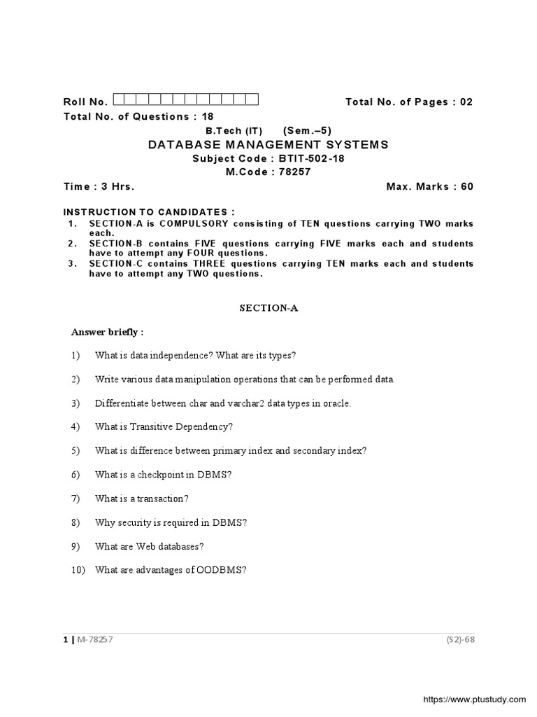 Ptu Dbms Jan 2021 Question Paper | PDF | Databases | Relational Database