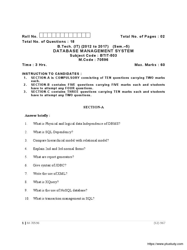 B.Tech Database Management Exam Paper | PDF | Databases | Relational Model