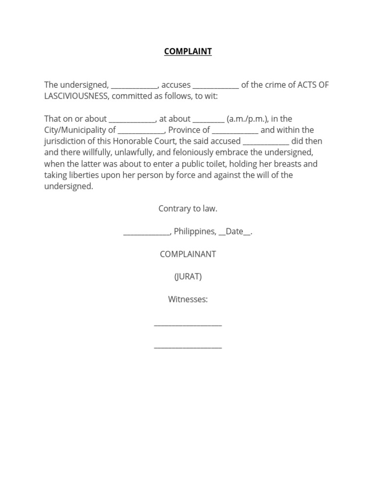 Complaint For Acts of Lasciviousness Template | PDF