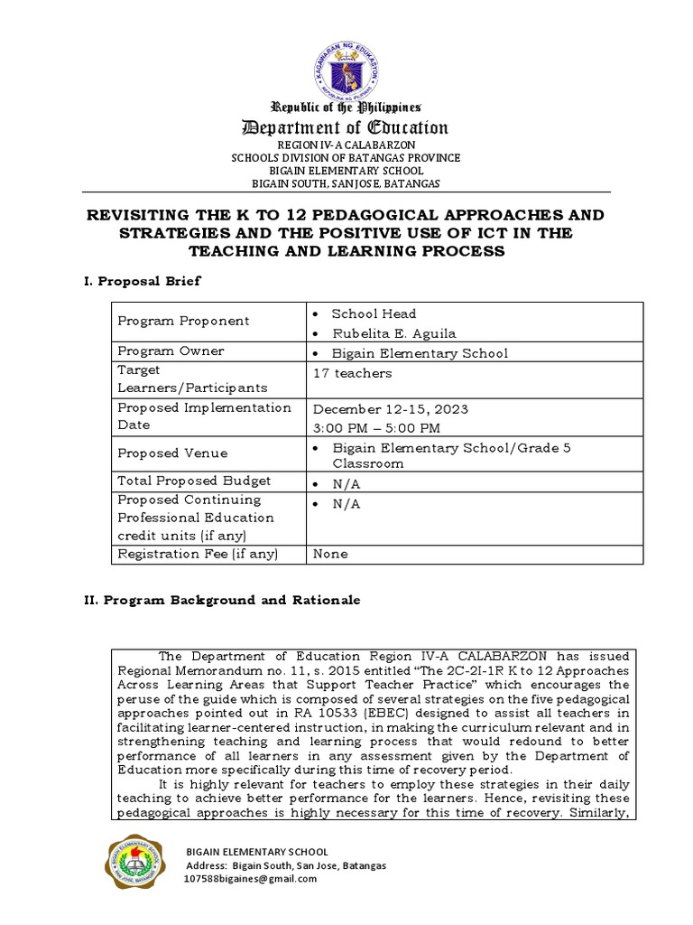 Training Proposal Revisiting The K To 12 Pedagogical Approaches | PDF | Educational Technology ...