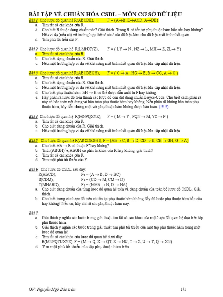BÀI TẬP VỀ CHUẨN HÓA CSDL | PDF