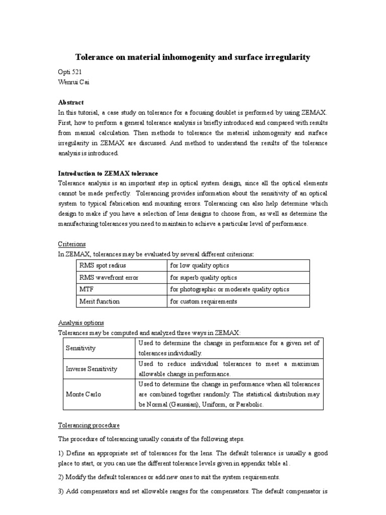 Tolerance On Material Inhomogenity and Surface Irregularity - Wen Rui ...