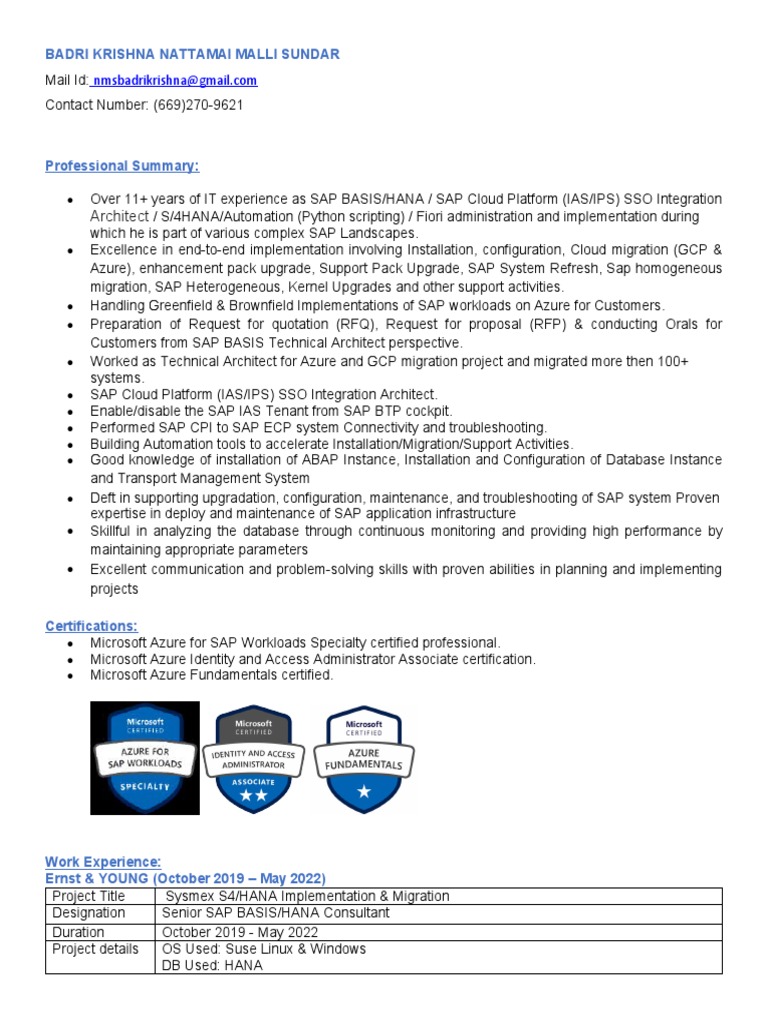 Badri Krishna - SAP BASIS HANA - H1B - $85 | PDF | Cloud Computing | Operating System