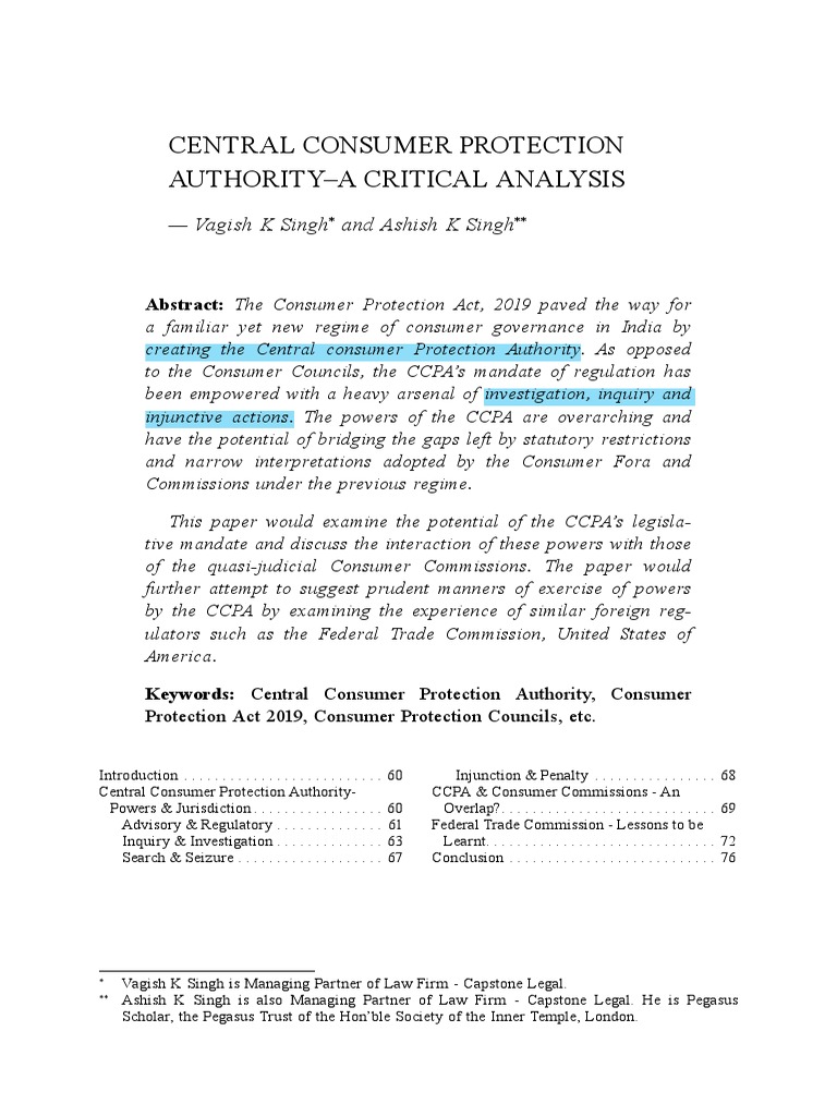 CENTRAL CONSUMER PROTECTION AUTHORITY A CRITICAL ANALYSIS Vagish K ...