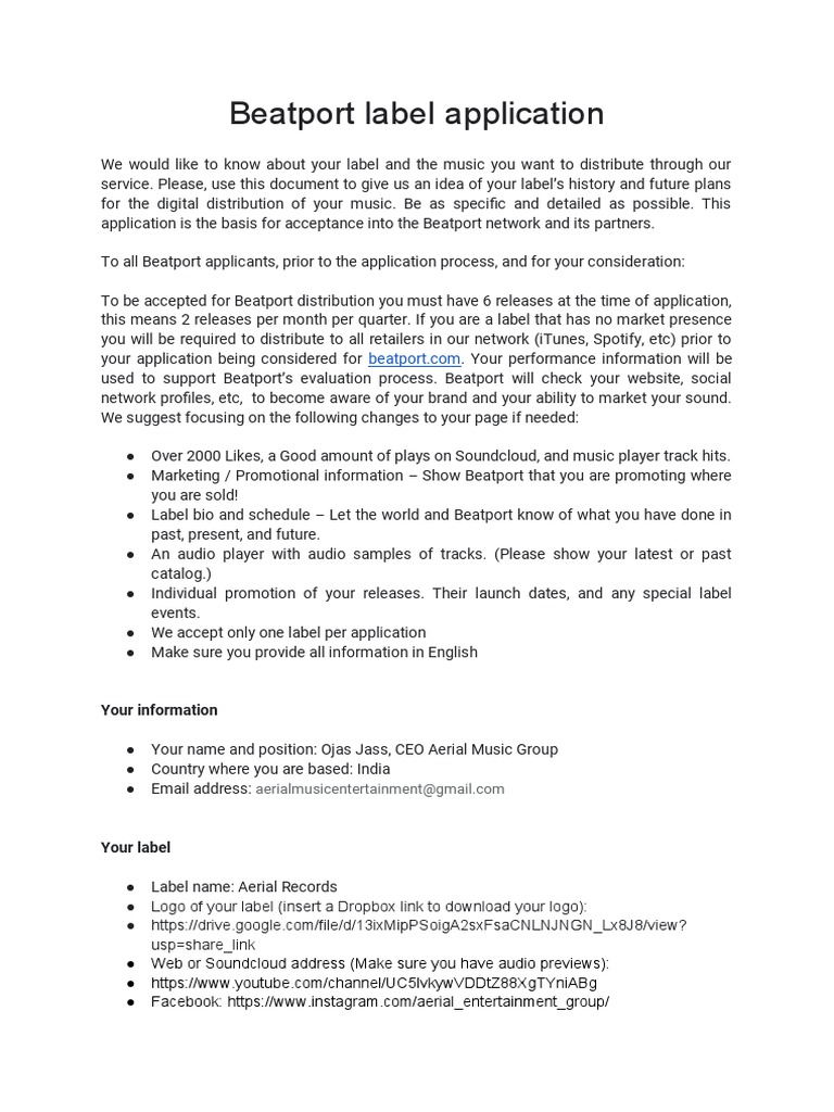 Beatport Label Application Form | PDF | World Wide Web | Internet & Web