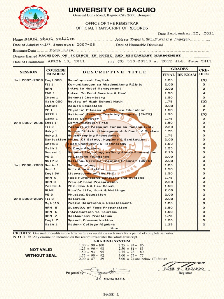 University of Baguio BACHELOR OF SCIENCE IN HOTEL AND RESTAURANT TOR | PDF