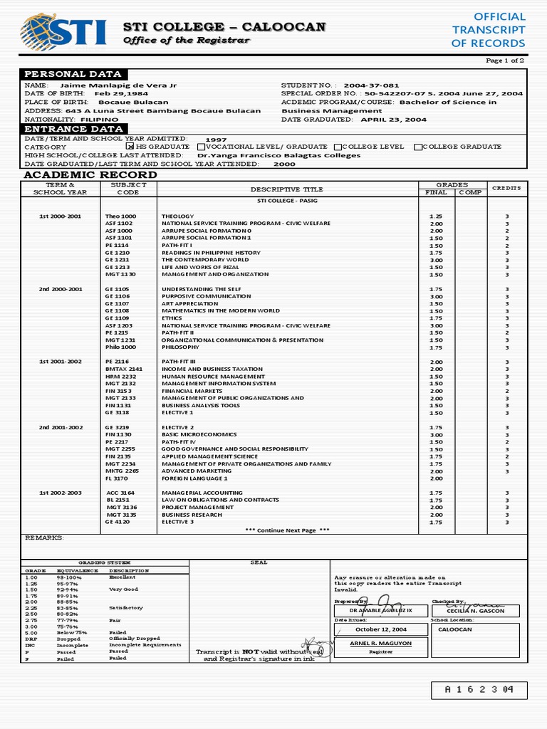 STI College Caloocan Transcript Sample | PDF