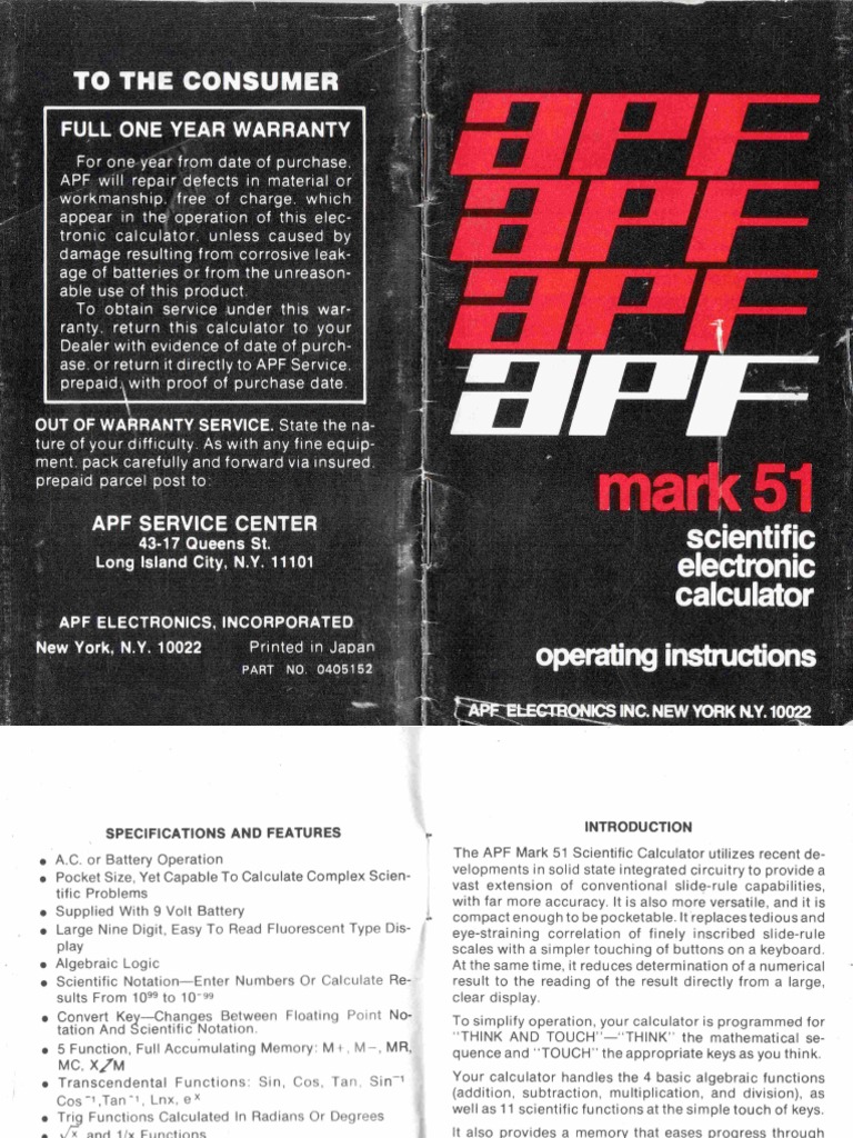 APF Mark 51 Electronic Calculator Manual | PDF