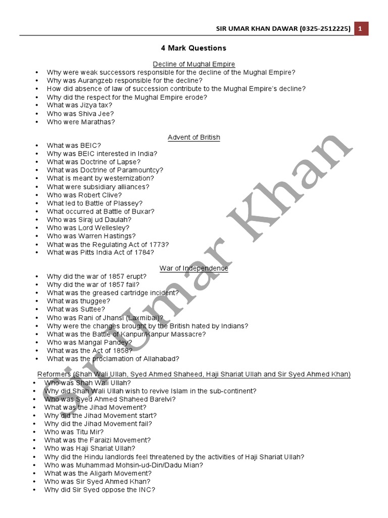 4 Mark Questions | PDF | All India Muslim League | British India