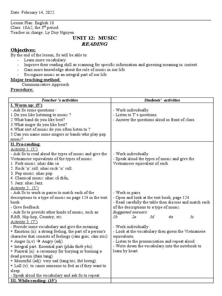 Lesson Plan English 10 Unit 12reading | PDF | Lesson Plan | Vocabulary
