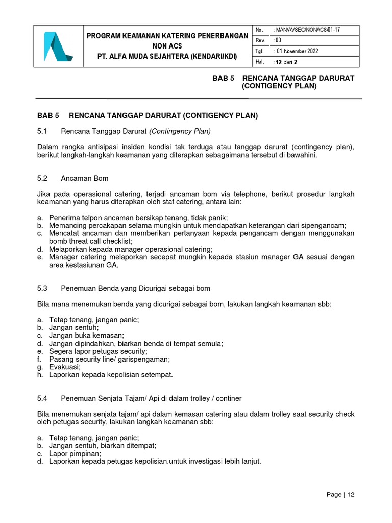 Bab 5 - Rencana Tanggap Darurat (Contingency Plan) | PDF