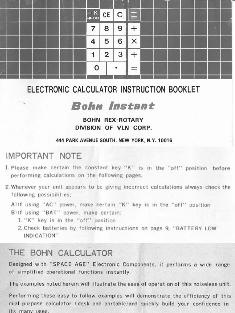 Bohn Instant Electronic Calcualator Manual | PDF | Calculator | Numbers