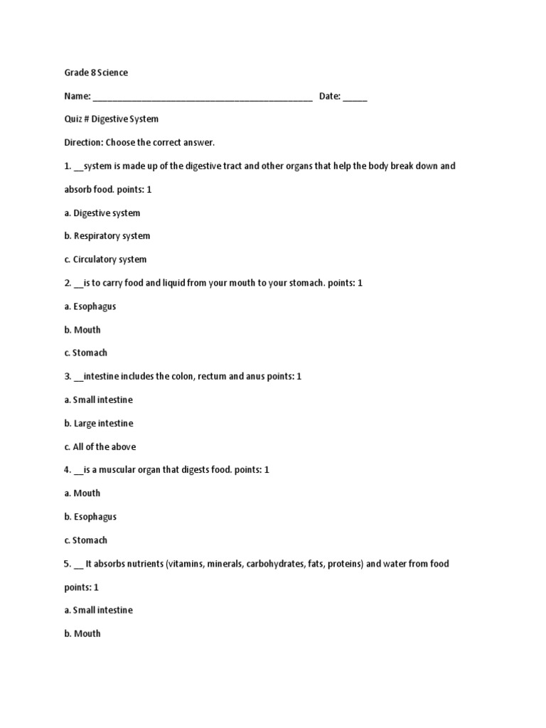 Grade 8 Digestive System Quiz | PDF | Mitosis | Human Digestive System