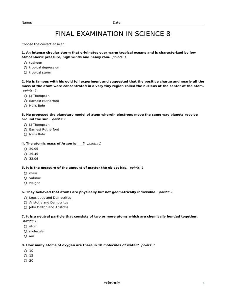 Science 8 Final Exam Questions | PDF | Atoms | Force