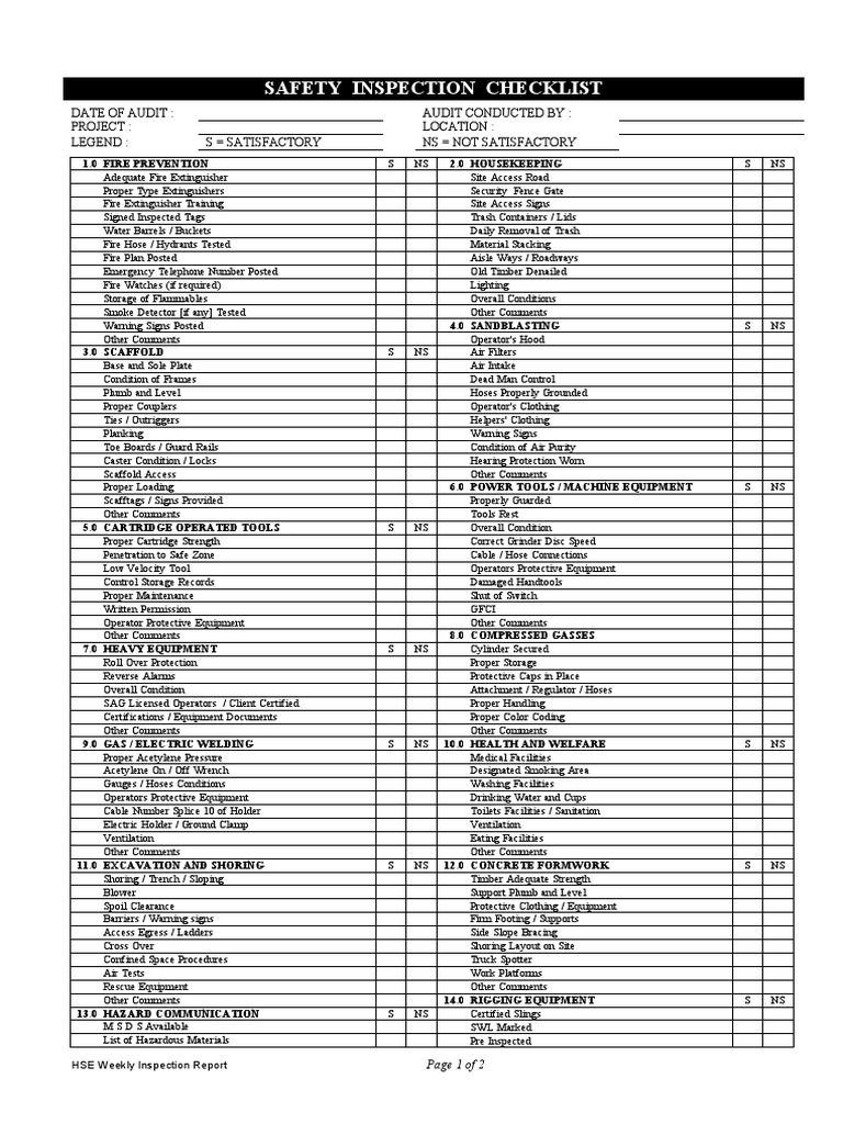 Safety Insp Checklist | PDF | Scaffolding | Manufactured Goods Safety Insp Checklist | PDF | Scaffolding | Manufactured Goods