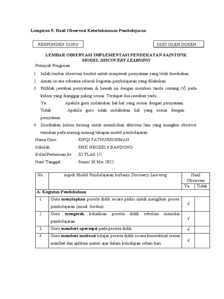 Lembar - Observasi - Keterlaksanaan - Pembelajaran - Discovery ...