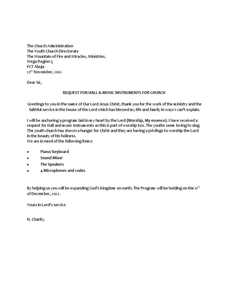 Request for Church Hall and Instruments | PDF | Foreign Language ...
