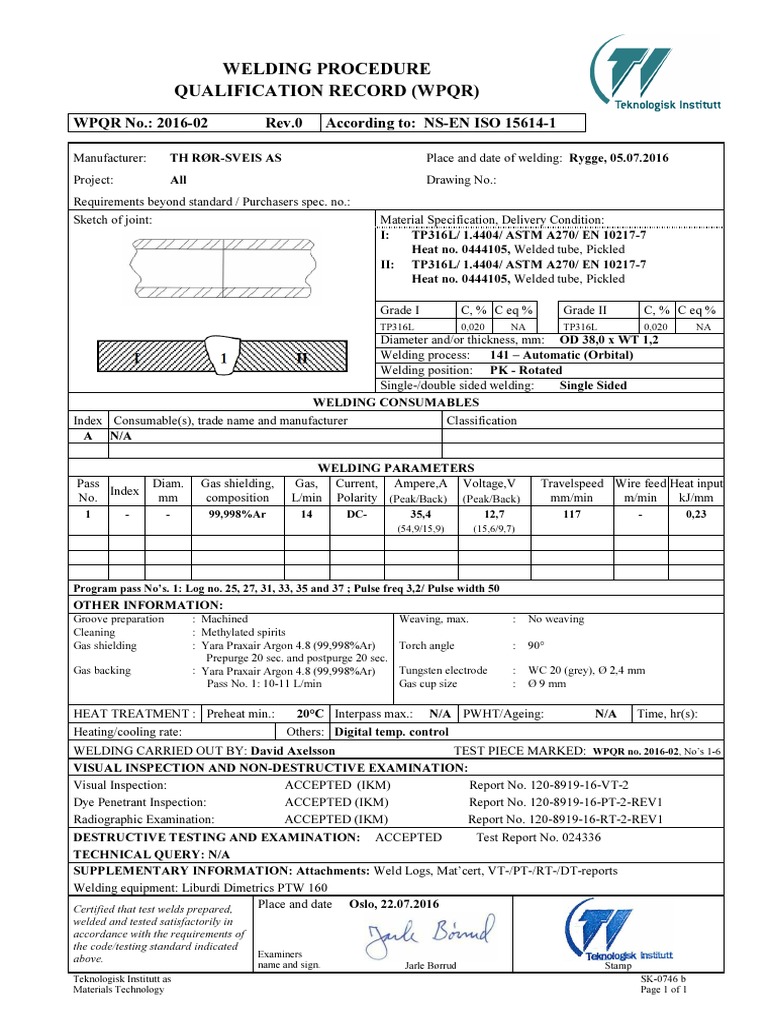 WPQR No. 2016 02 | PDF | Welding | Construction