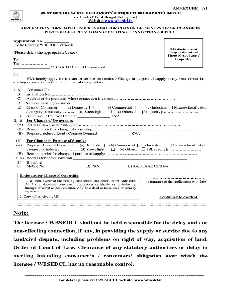 WBSEDCL Ownership Change Application Form | PDF | Electrical Wiring ...