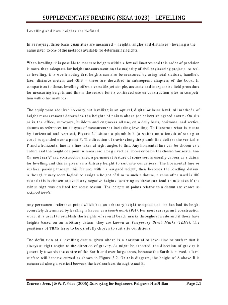Levelling Part 1 Pdf Sea Level Surveying