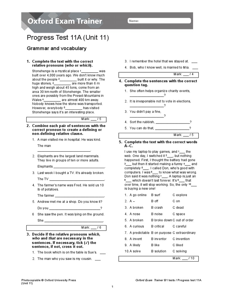 OET B1 Progress Test Unit 11 A + B | PDF