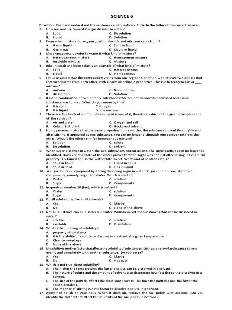 Summative Test Science 6 No. 1 | PDF | Mixture | Solubility
