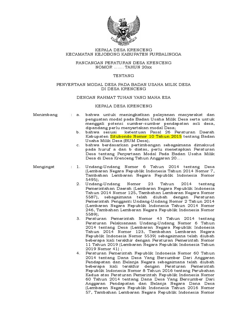 Contoh Perdes Penyertaan Modal BUM Desa | PDF